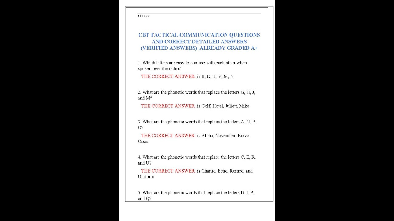 CBT TACTICAL COMMUNICATION QUESTIONS AND CORRECT DETAILED ANSWERS0001