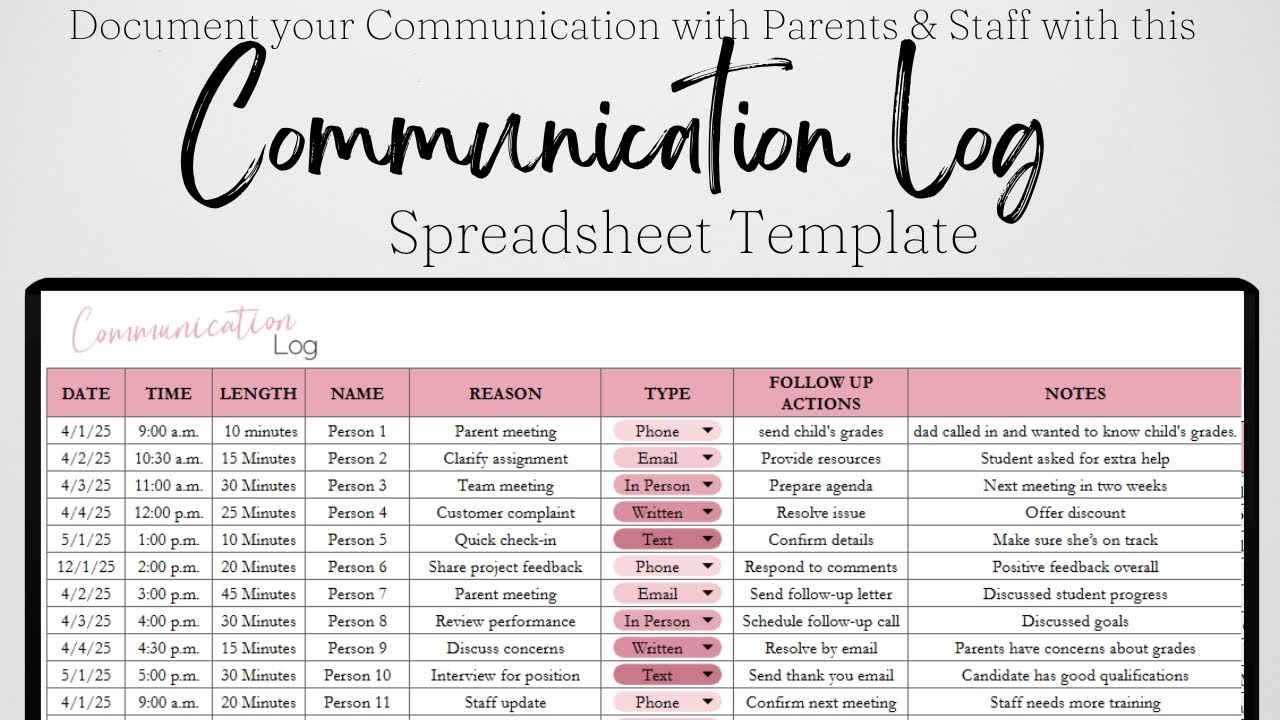 Communication Log Template, Phone Log, Email, Parent Call Log, Phone Call Tracker Google Sheet