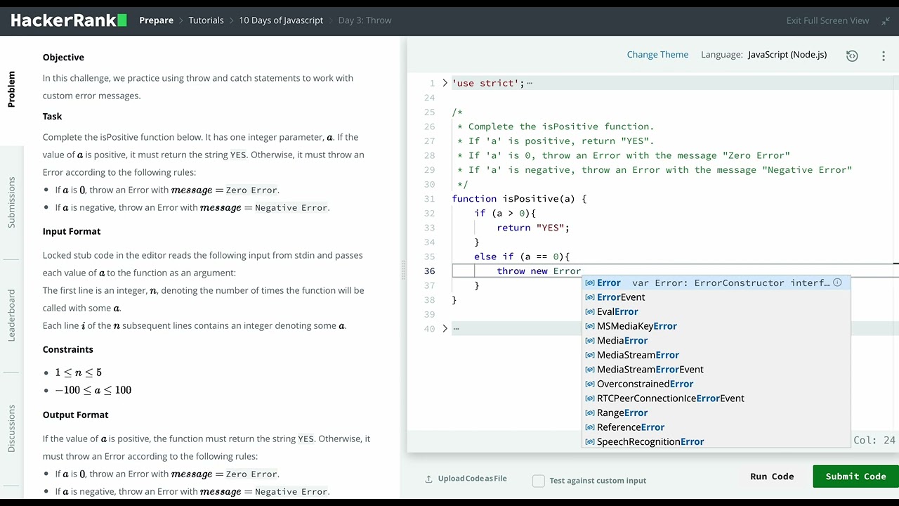 Hackerrank 10 Days of Javascript - Day 3: Throw