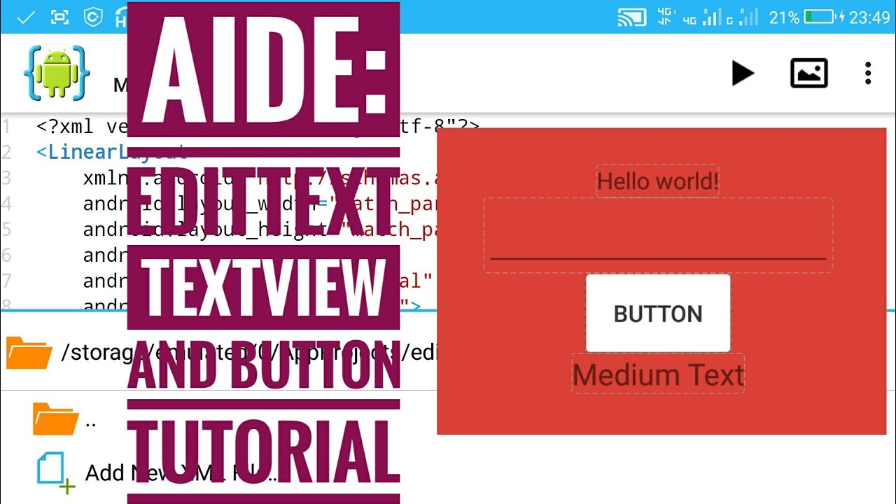 AIDE: Edittext, TextView and Button Click tutorial in android
