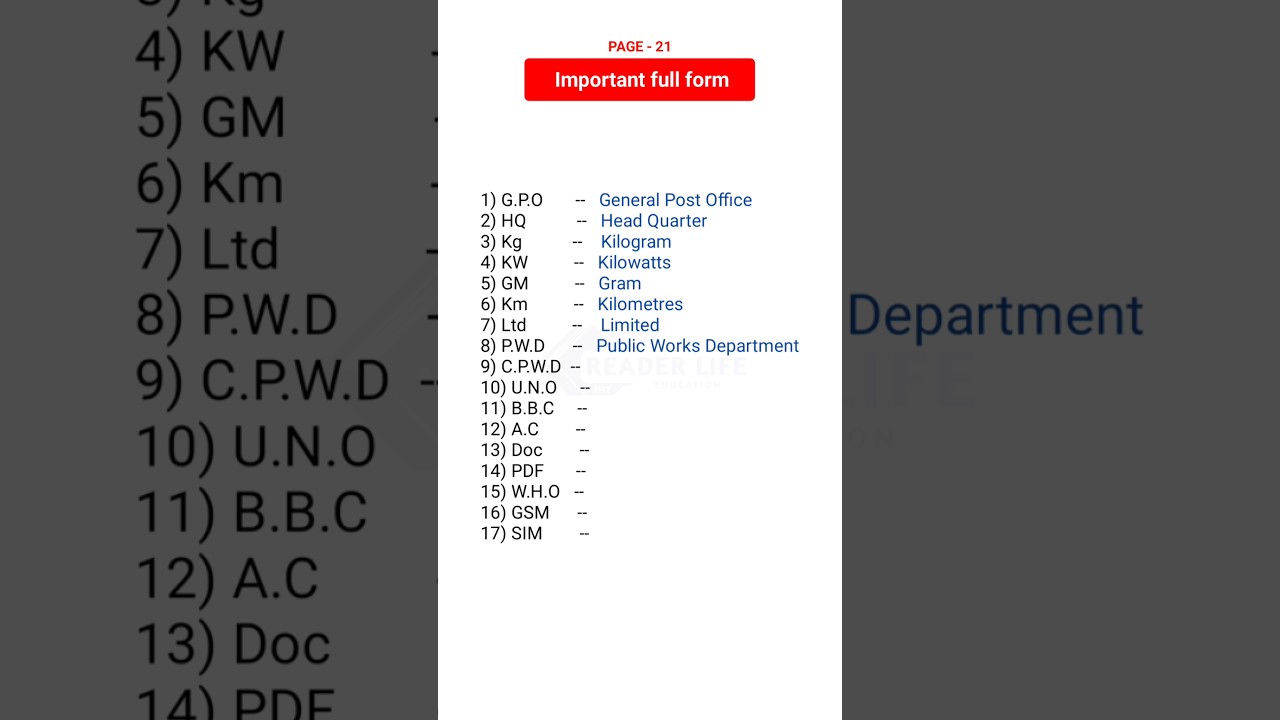 GPO, Kg, GM, PDF, PWD, SIM, Ltd full form !! Reader Life !! #shorts