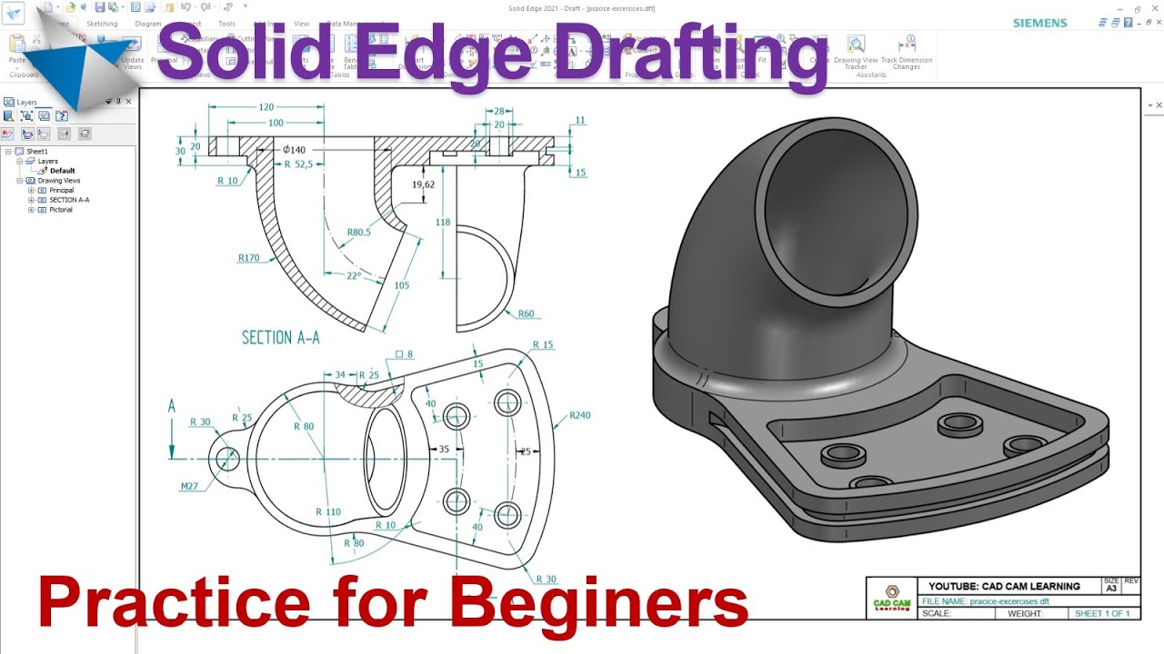 Solid Edge Drafting Tutorials #3 | Create 2D Drawing Exercise - Section View, Broken Out, Dimension