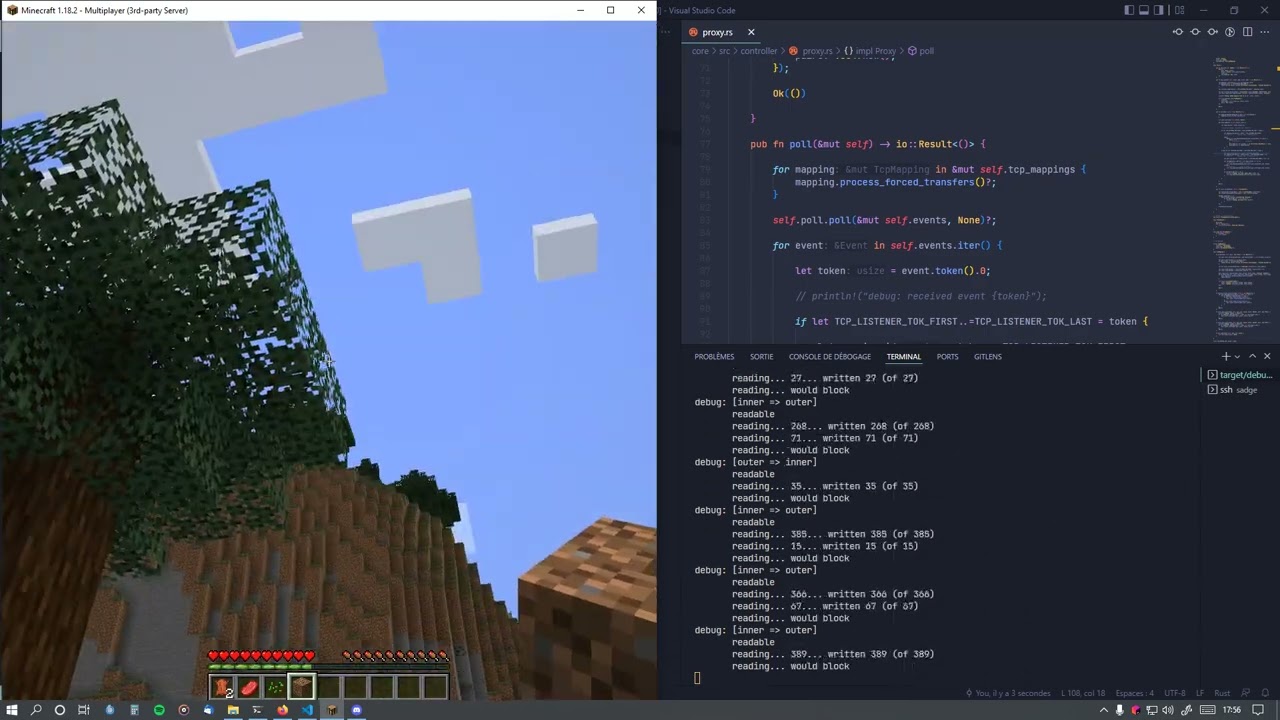 Proxy of a service deployment engine, working with a Minecraft server