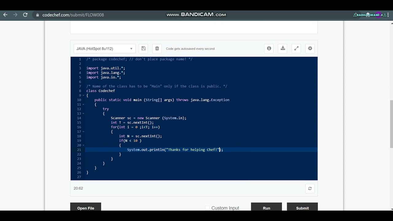 Code Chef || Helping Chef || JAVA || Total Code
