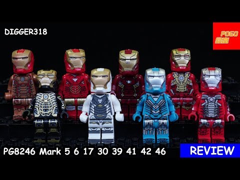 Lego Marvel Iron Man Pogo Bootleg PG8246 Mark 5 6 17 30 39 41 42 46 Review 4K