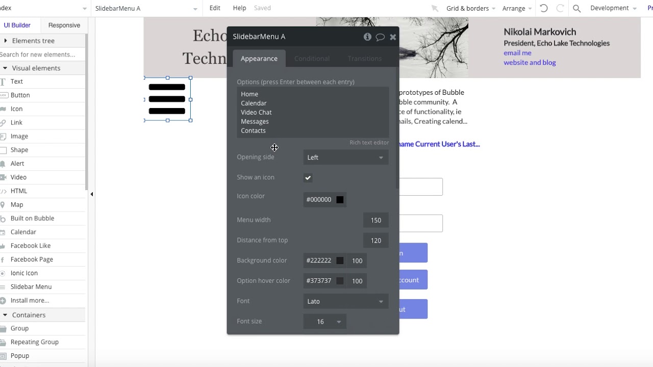 How to use the Slidebar Menu Icon to Your Bubble.io No Code Web App plus Security Bonus Tip