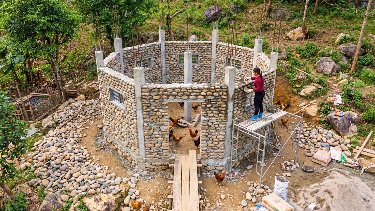 TIMELAPSE : Building A Unique Chicken Coop Behind The Mountain In The Forest Using Stone And Cement