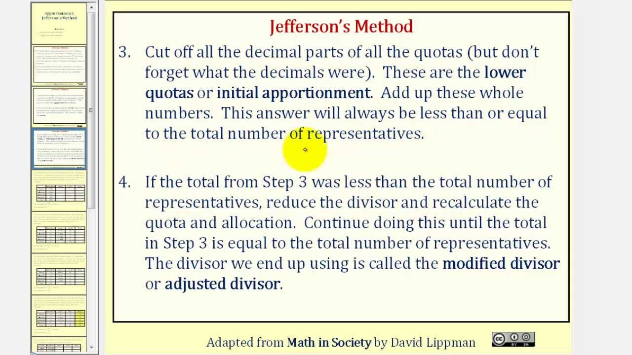Apportionment:  Jefferson's Method
