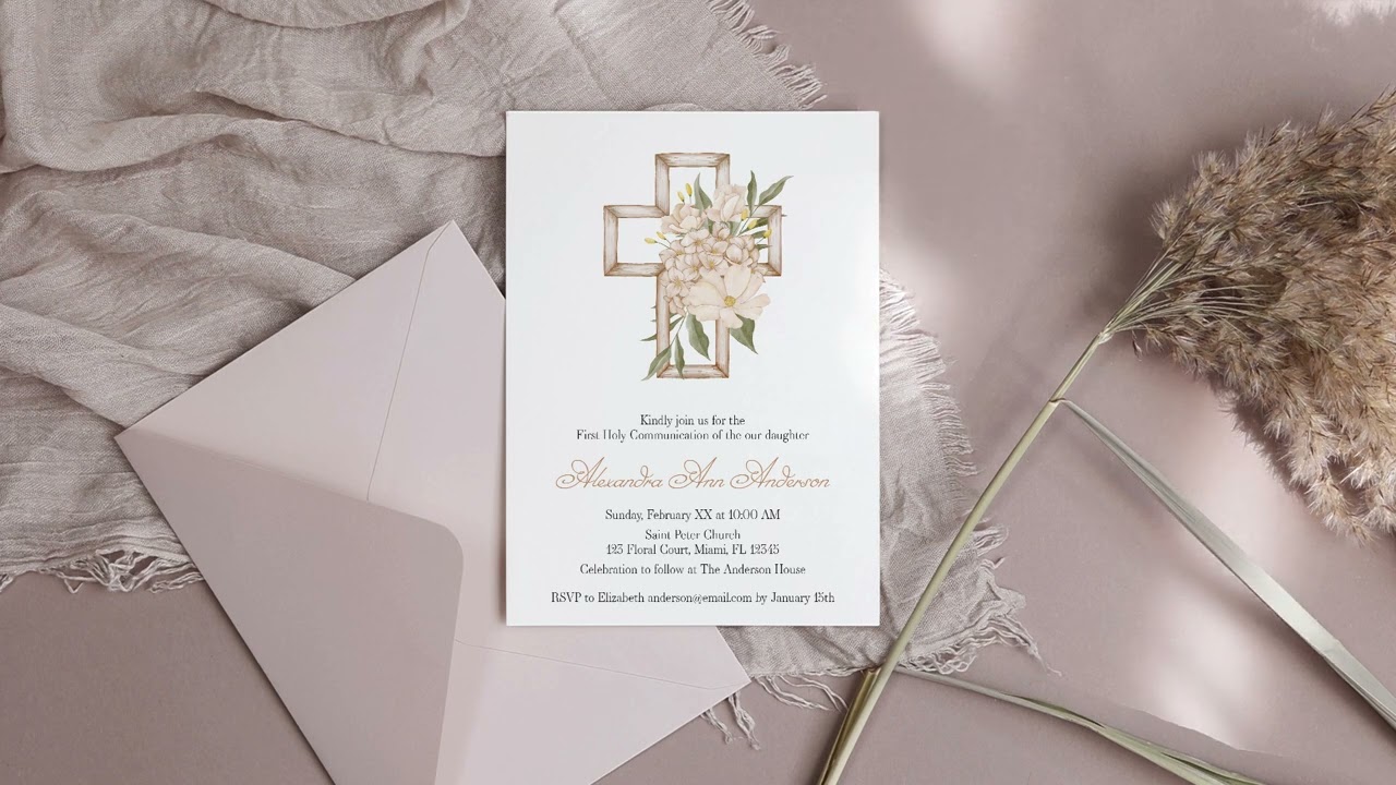 First Communion Invitation Template Floral Baptism Invite Card