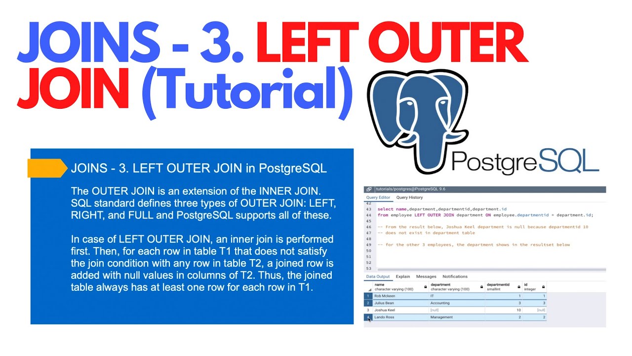 JOINS - 3. LEFT OUTER JOIN in PostgreSQL | Tutorial #ezettutorial #postgresql