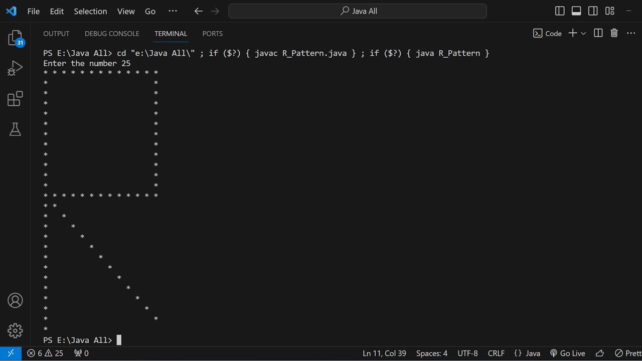 Java Program R Pattern Print User Input For Visual Studio Code (VS Code) #coding