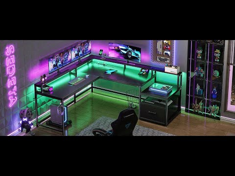 SEDETA 66 Inch L Shaped Gaming Desk Two Person Desk with Led Lights
