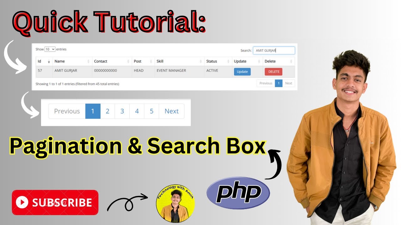 Create Pagination & Search box in Php using Datatable. | Web development Project