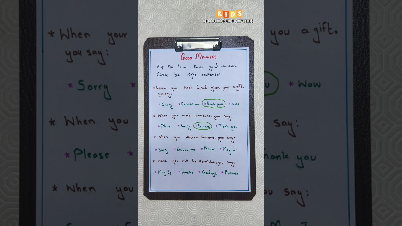 Lets Learn Some Good Manners / General Knowledge Worksheet Ideas For kids #remedialtherapy