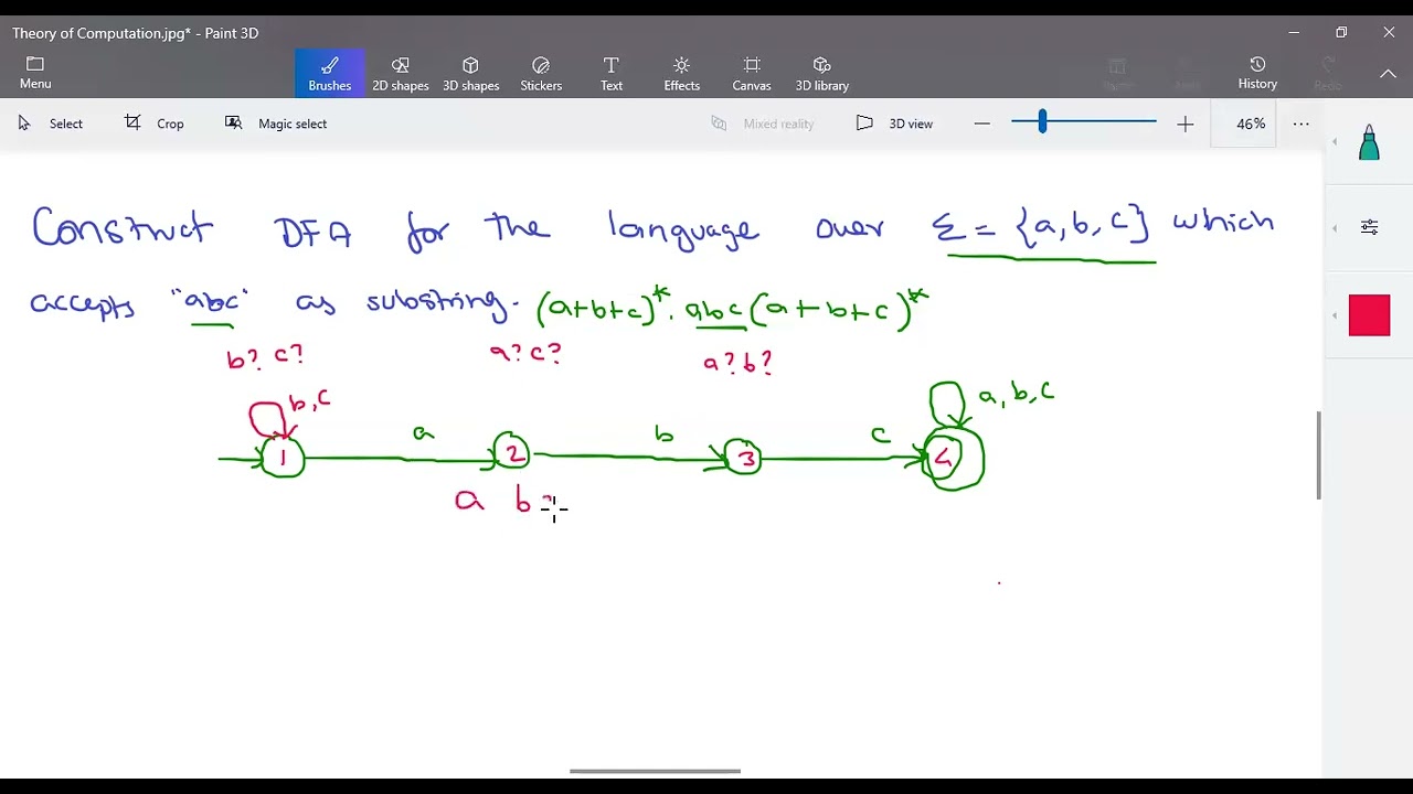 DFA example for language over {a,b,c} having 'abc' as substring