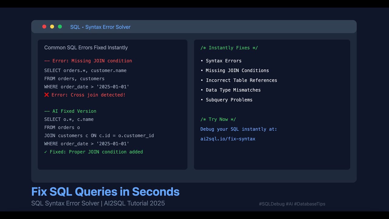Fix SQL Queries in Seconds with AI2SQL | SQL Syntax Error Solver 2025