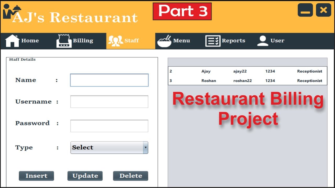 Java Project Tutorials - Part 3. Restaurant Billing System Project in java.