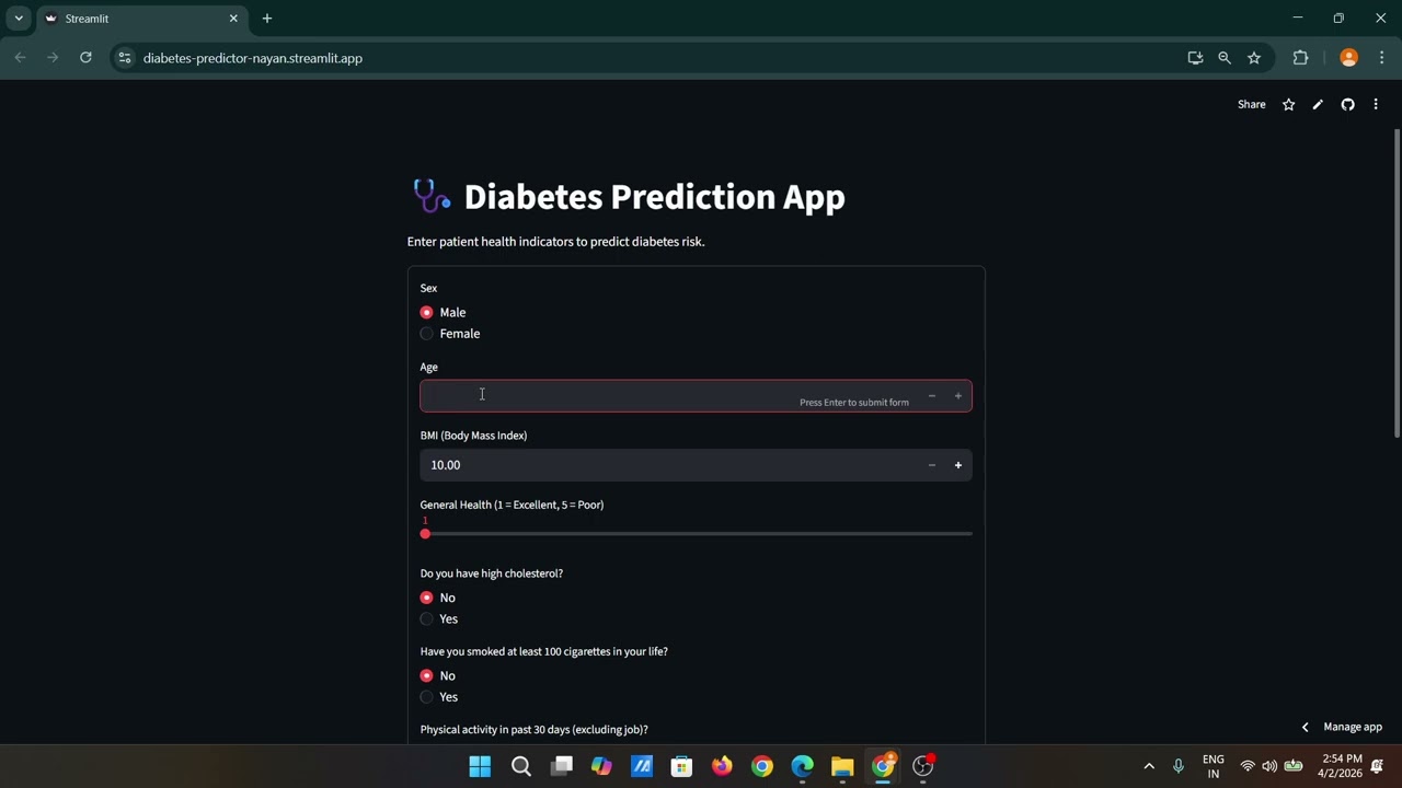Diabetes Prediction App (AI/ML Project Demo)
