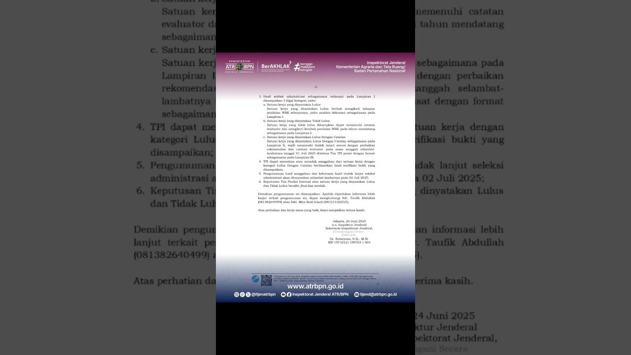 Pengumuman Hasil Seleksi Administrasi Pembangunan Zona Integritas Menuju WBK secara Mandiri Th 2025.