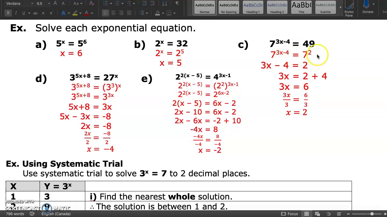 MAP4C - 6.6 - Exponential Equations - VIDEO