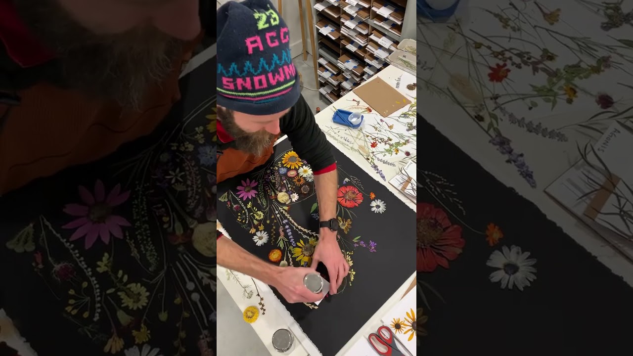 Creating Pressed Flower Art called “Happiness” on Rives Black Print Making Paper.