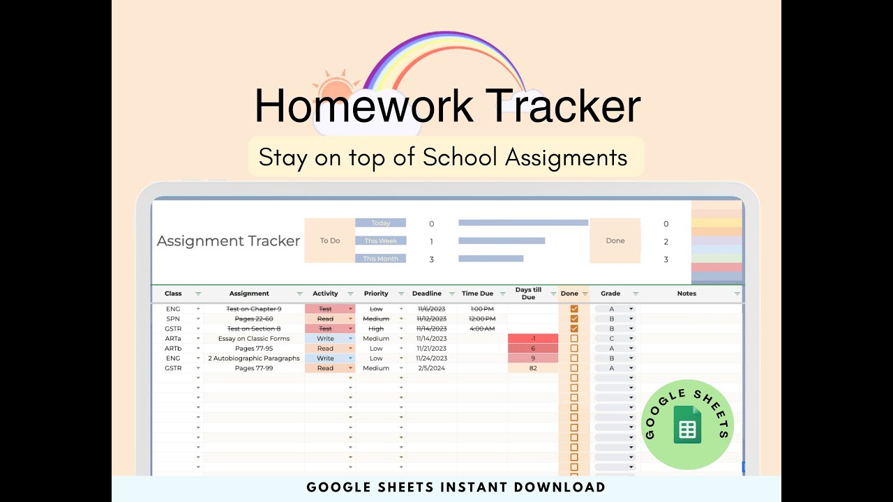 Academic Planner Student Assignment Tracker for Google Sheets - Tutorial