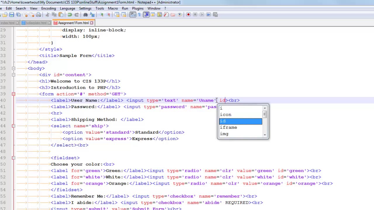 Create an HTML Form - Lab1 Solution - CIS 133P