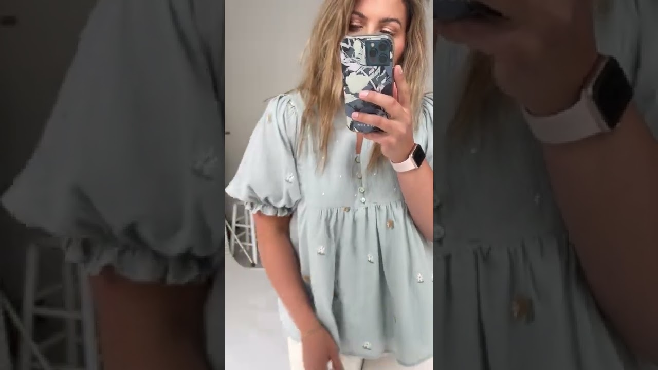 The Anders Button Front Embroidered Blouse in Dusty Sage