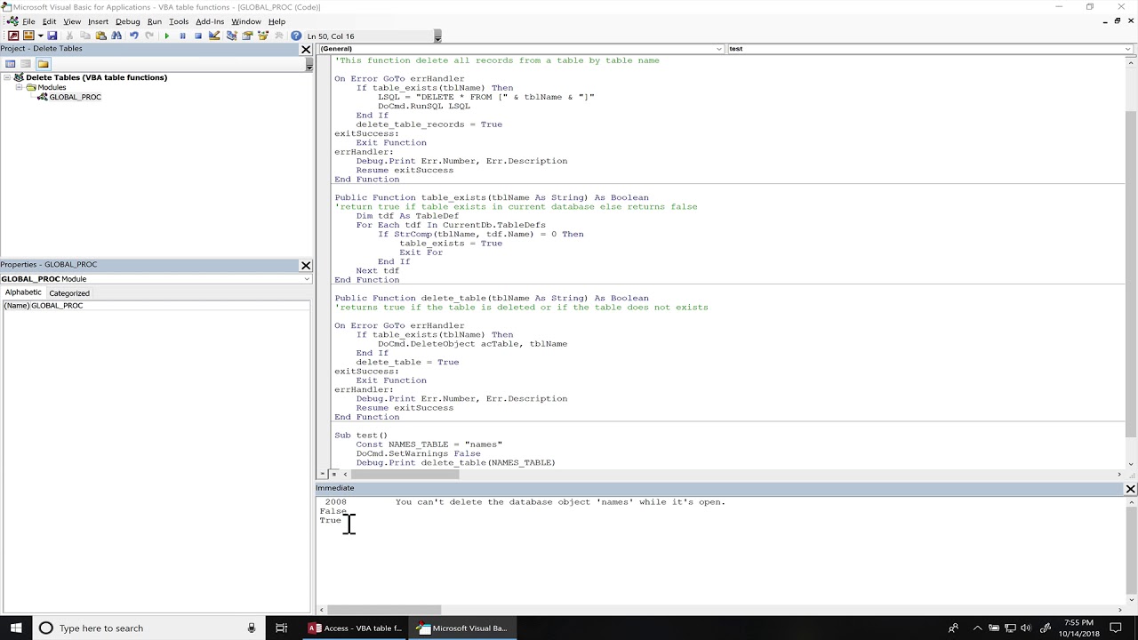 VBA Microsoft Access how to delete tables by table name