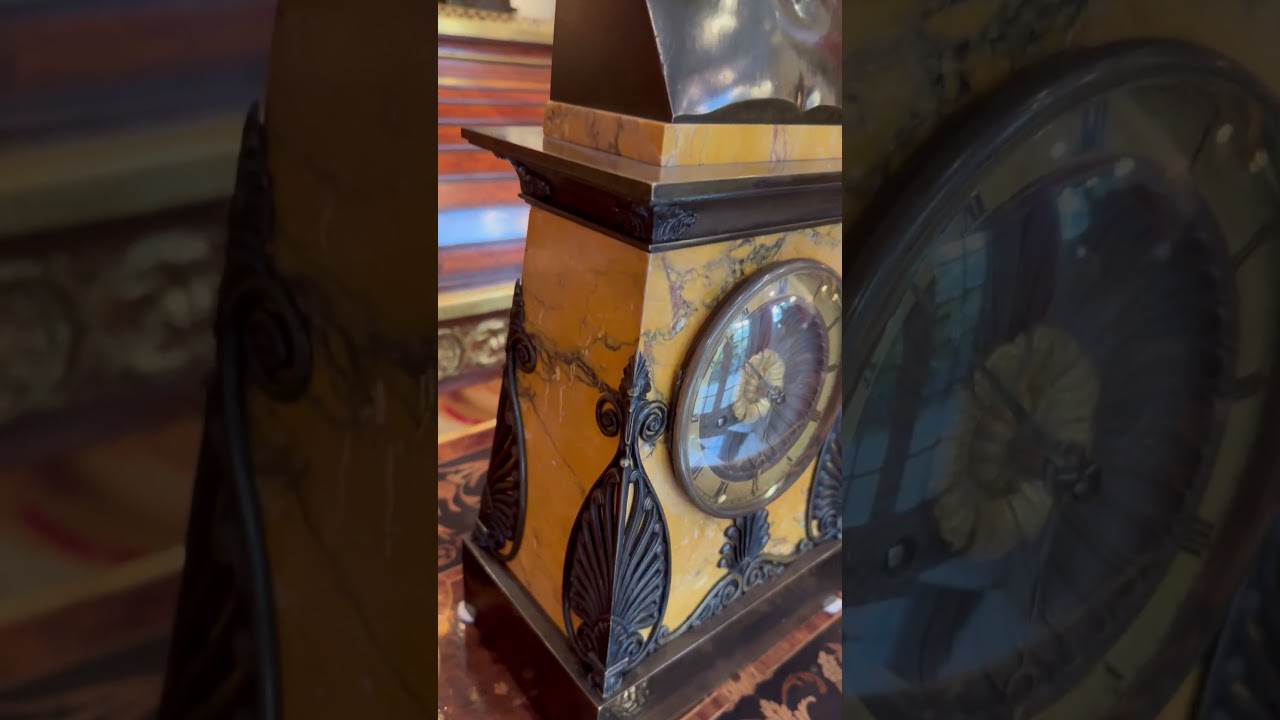 Three Centuries Antiques Vancouver: Empire Sienna Marble and Bronze Clock of Apollo Belvedere