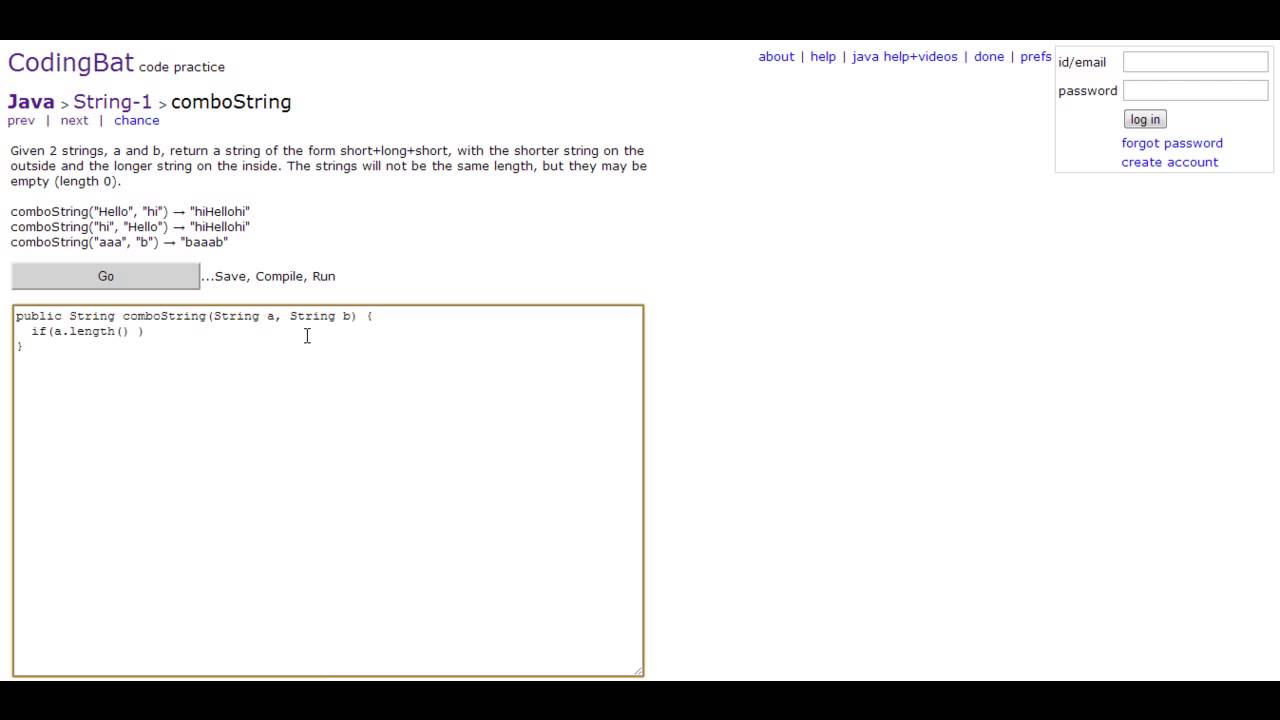 Coding Bat - Java String Tutorial comboString