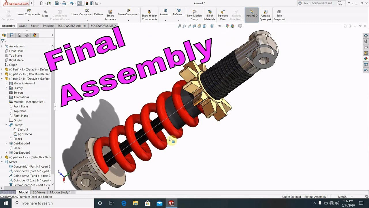 Spring Shock absorber Assembly & Animation in Solidworks .  AssemblyTutorial in Solidworks.