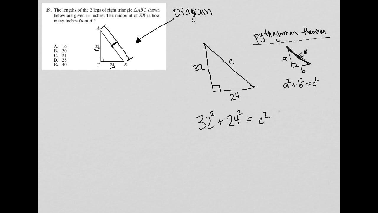 The lengths of the 2 legs of right triangle ABC shown below are given in inches.  The midpoint of...