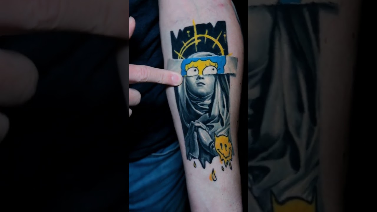 Healed Tattoos of Salvador Dali and Virgin Mary in Pop art style