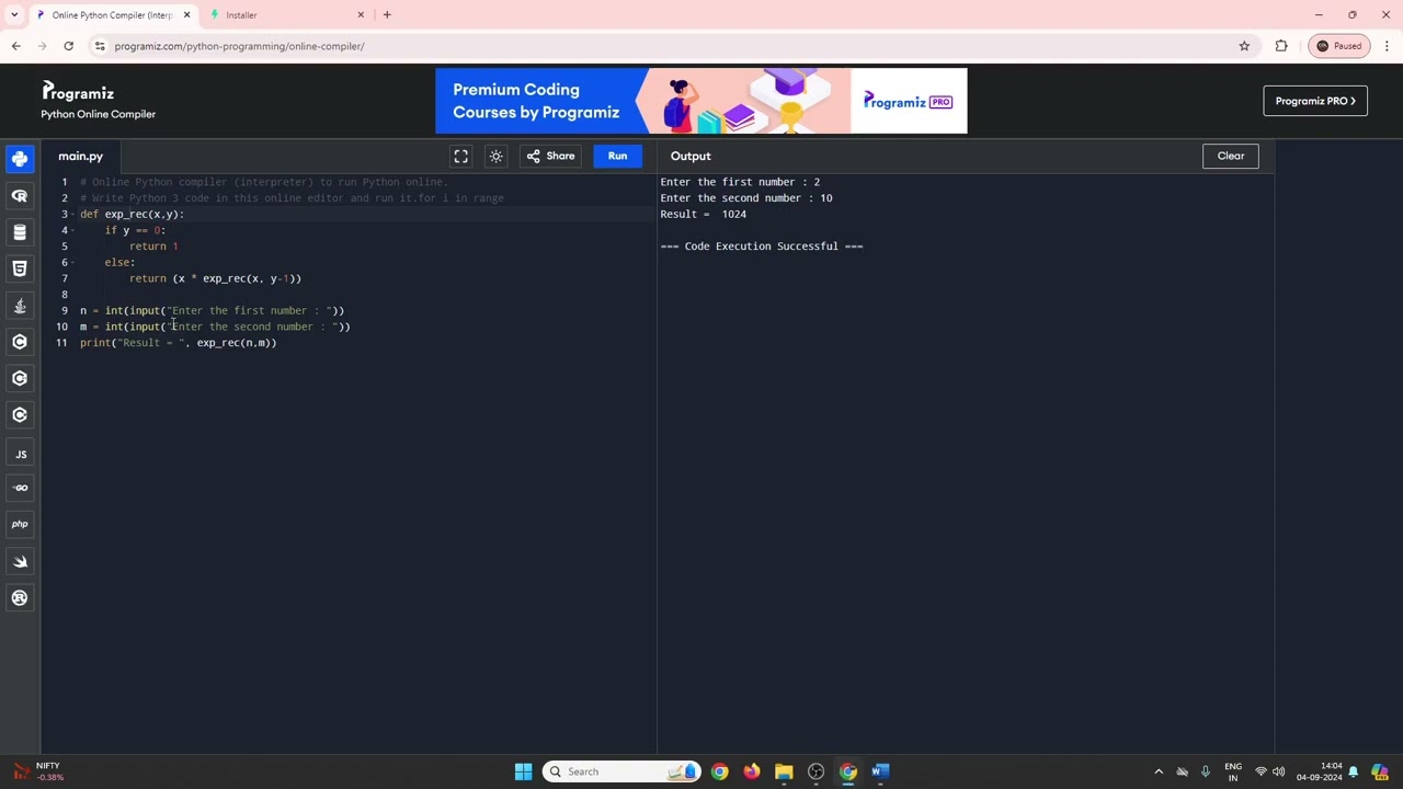 Python program to find exponent of a number using recursion