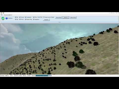 Virtual Landscape with trees, sparse vegetation, roads and rivers.