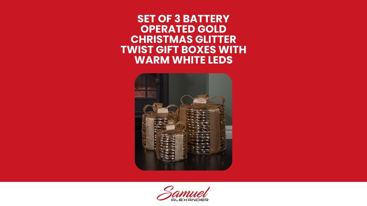 Set of 3 Battery Operated Gold Christmas Glitter Twist Gift Boxes with Warm White LEDs