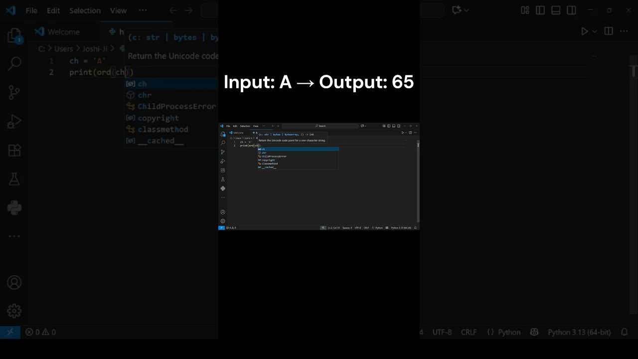 🔠 Ever wondered how letters turn into numbers?👉 In Python, 'A' becomes 65 using ord()! 🚀