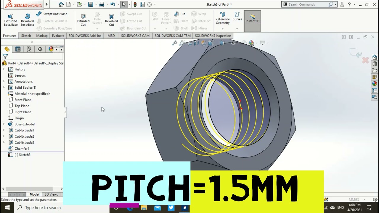 Making Metric threads in nut M10|| Solidworks