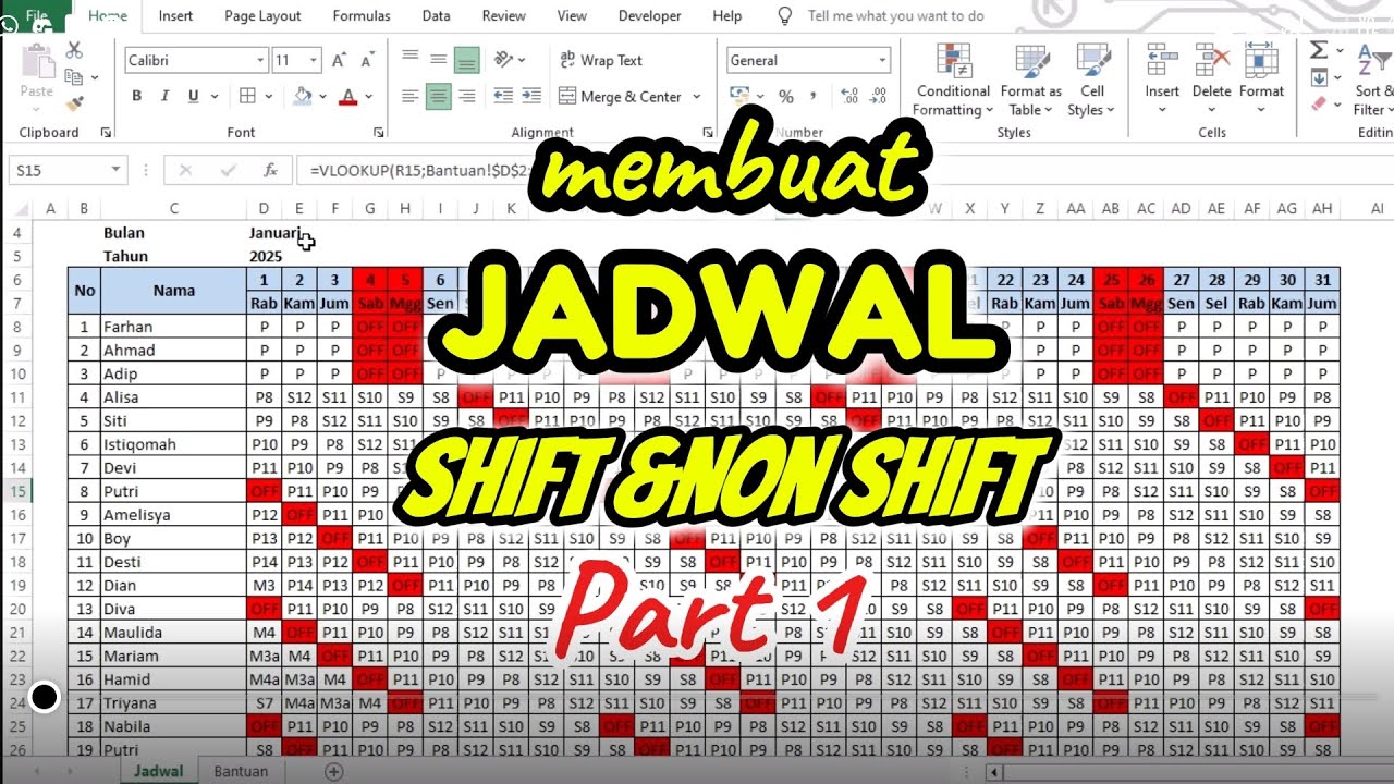 Membuat jadwal kerja shift dan non shift dengan tanggal waktu otomatis setiap bulan dan tahunnya