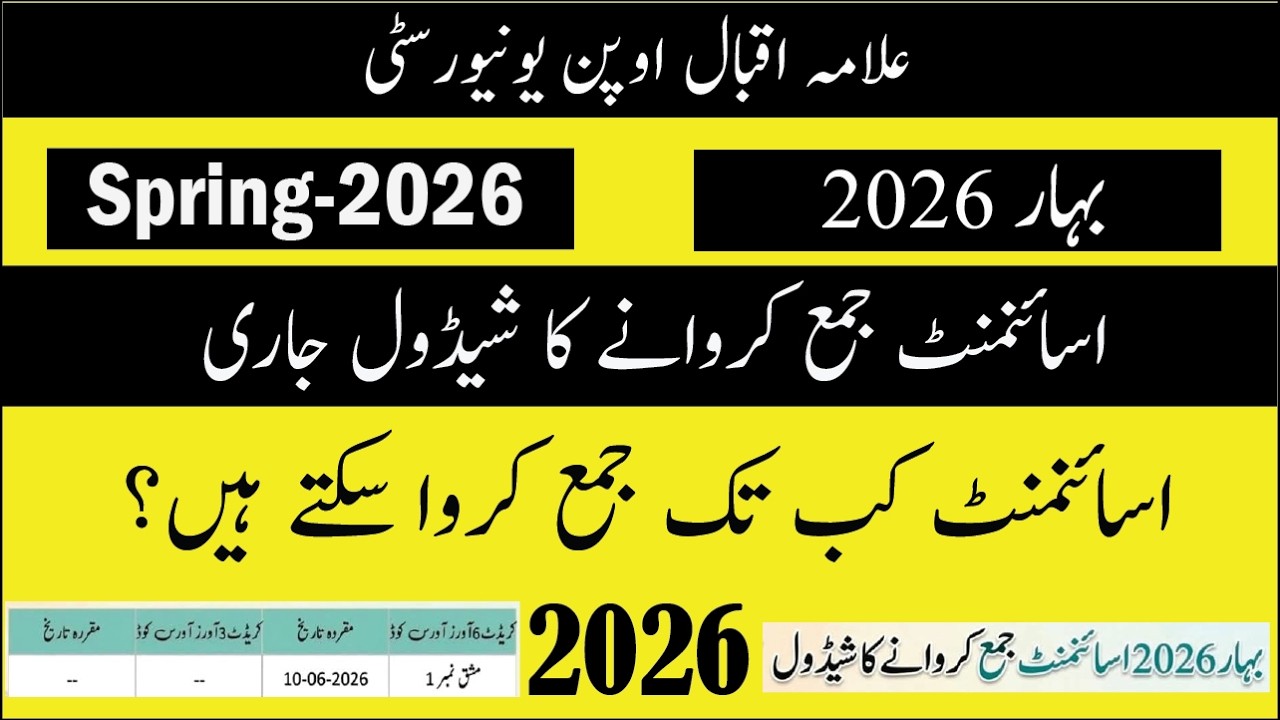 AIOU Assignment submission Schedule spring 2026 | AIOU Assignment Last Date 2026 | Latest Update
