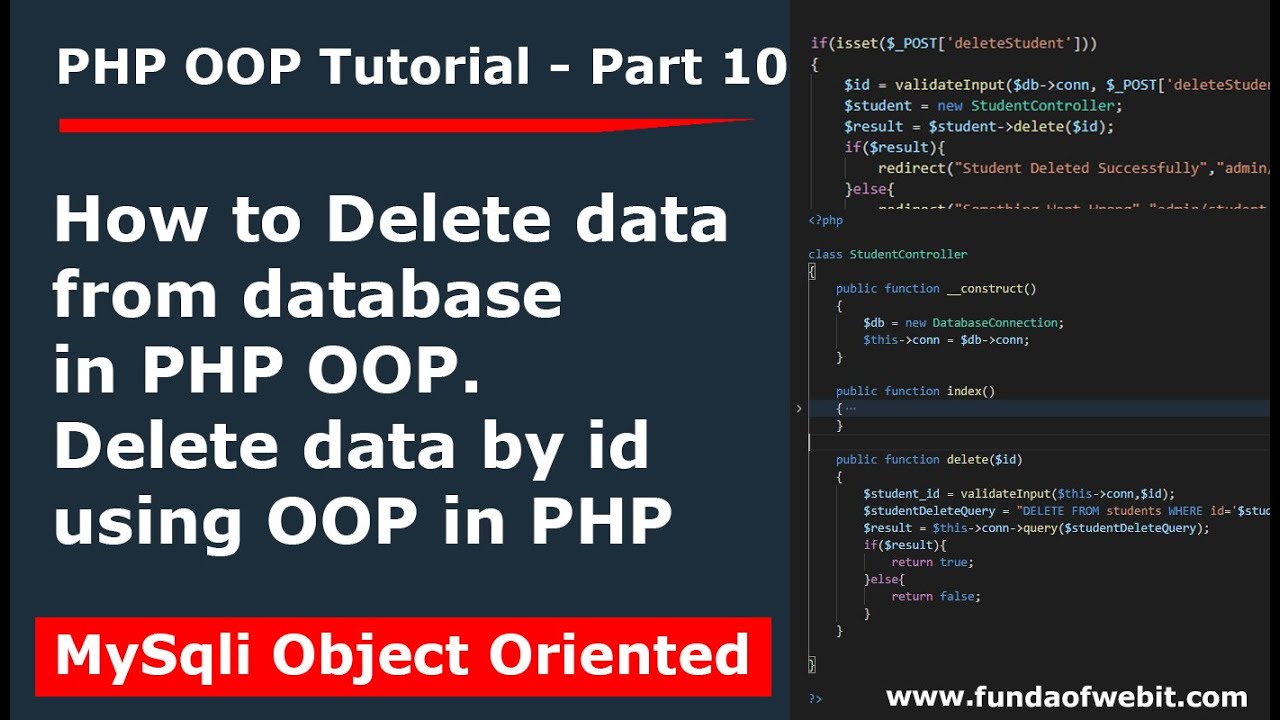 PHP OOP Tutorial 10: Delete data from database in PHP OOP | Delete data by id using OOP in PHP