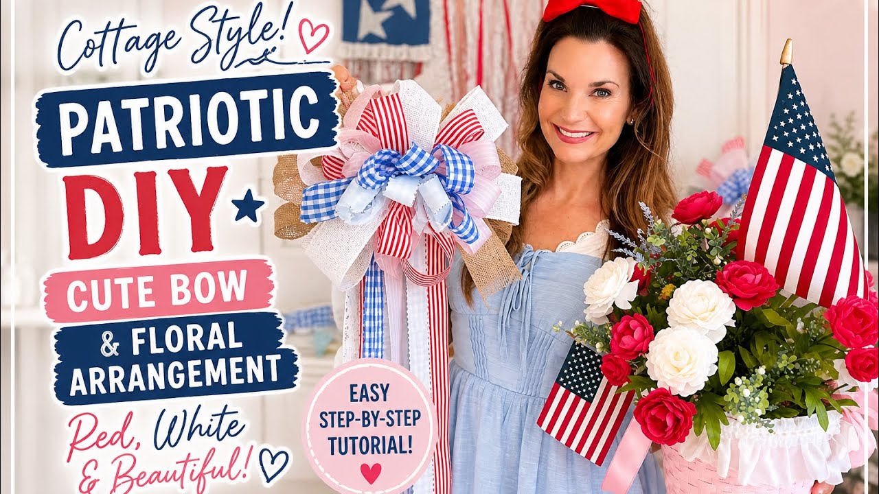 Cottage Style Patriotic DIY 🇺🇸🎀 The CUTEST Bow + Floral Arrangement! ✨