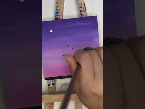 Mini acrylic painting on wooden board purple, pink scenery