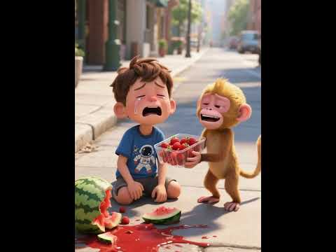 The little monkey lights up the boy's smile with strawberries!#cute #cartoon #monkey