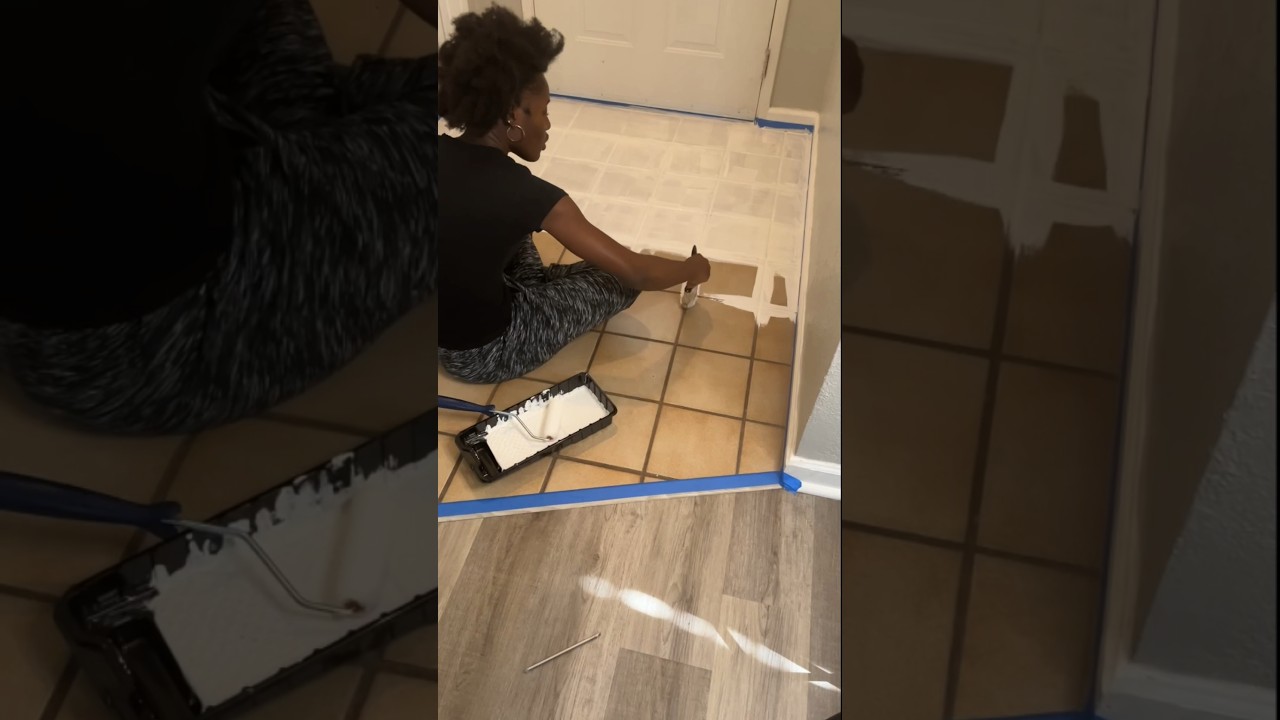 DIY how to paint floor tiles using stencils and Rust-Oleum Floor Coating. #cleanwithme #diyproject