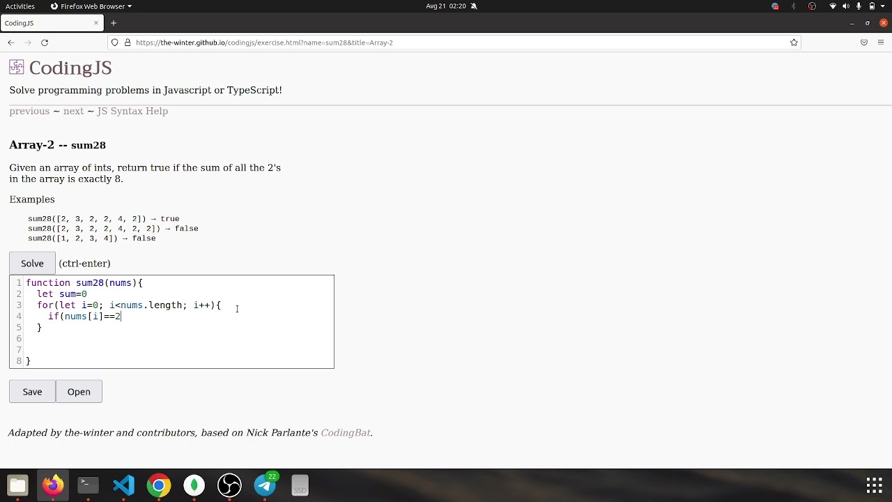 CodinJs (Codingbat)  Array-2 --sum28   Javascript  solution