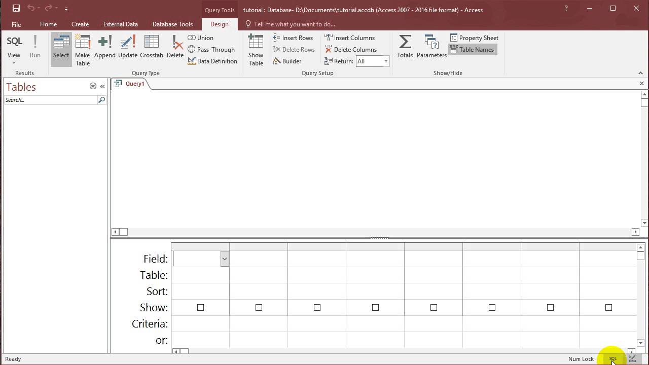SQL with Microsoft Access 2016 lesson 1 - Create table