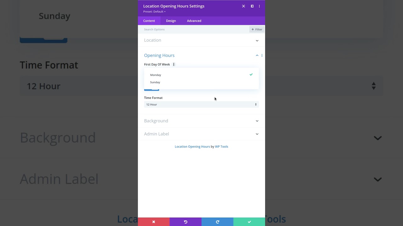 Opening Hours (Content Tab) - Divi Location Opening Hours Setting