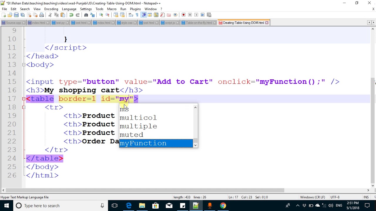 Creating HTML table using DOM JavaScript Punjabi